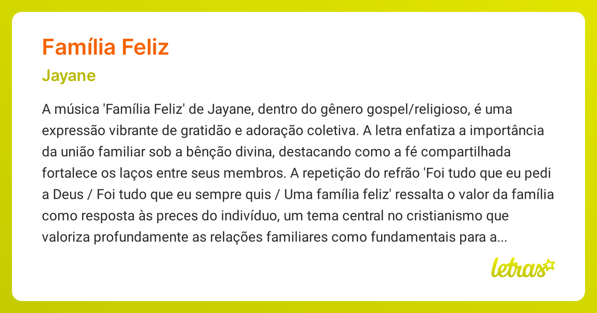 Significado da música FAMÍLIA FELIZ (Jayane) - LETRAS.MUS.BR
