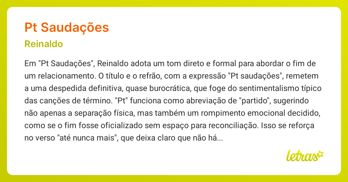 Significado da música PT SAUDAÇÕES (Reinaldo) - LETRAS.MUS.BR
