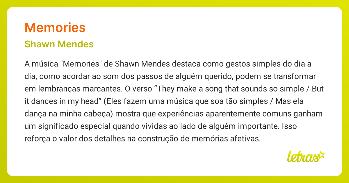 Significado da música MEMORIES (Shawn Mendes) - LETRAS.MUS.BR