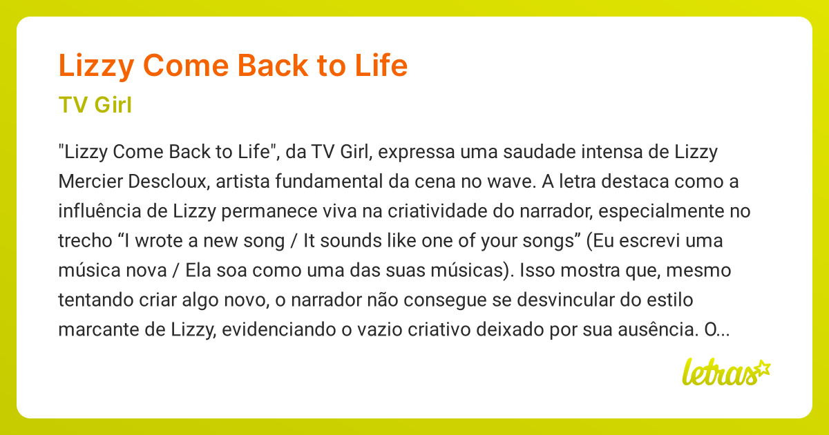 Significado da música LIZZY COME BACK TO LIFE (TV Girl) - LETRAS.MUS.BR