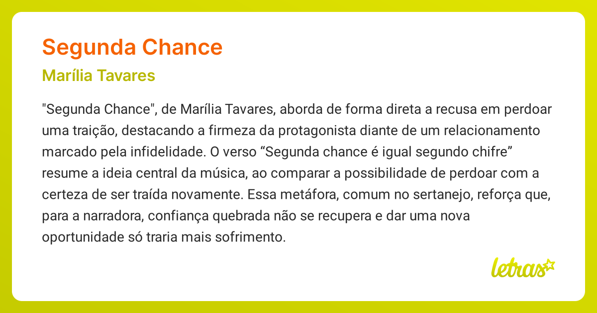 Significado da música SEGUNDA CHANCE (Marília Tavares) - LETRAS.MUS.BR