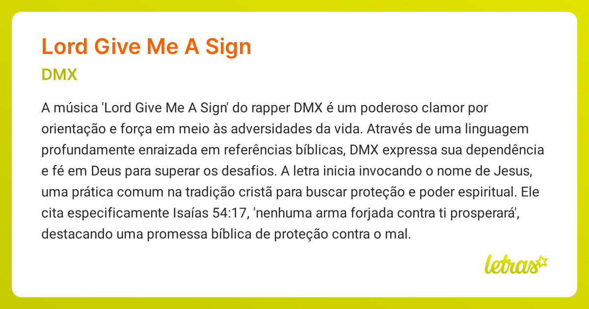 Significado da música LORD GIVE ME A SIGN (DMX) - LETRAS.MUS.BR