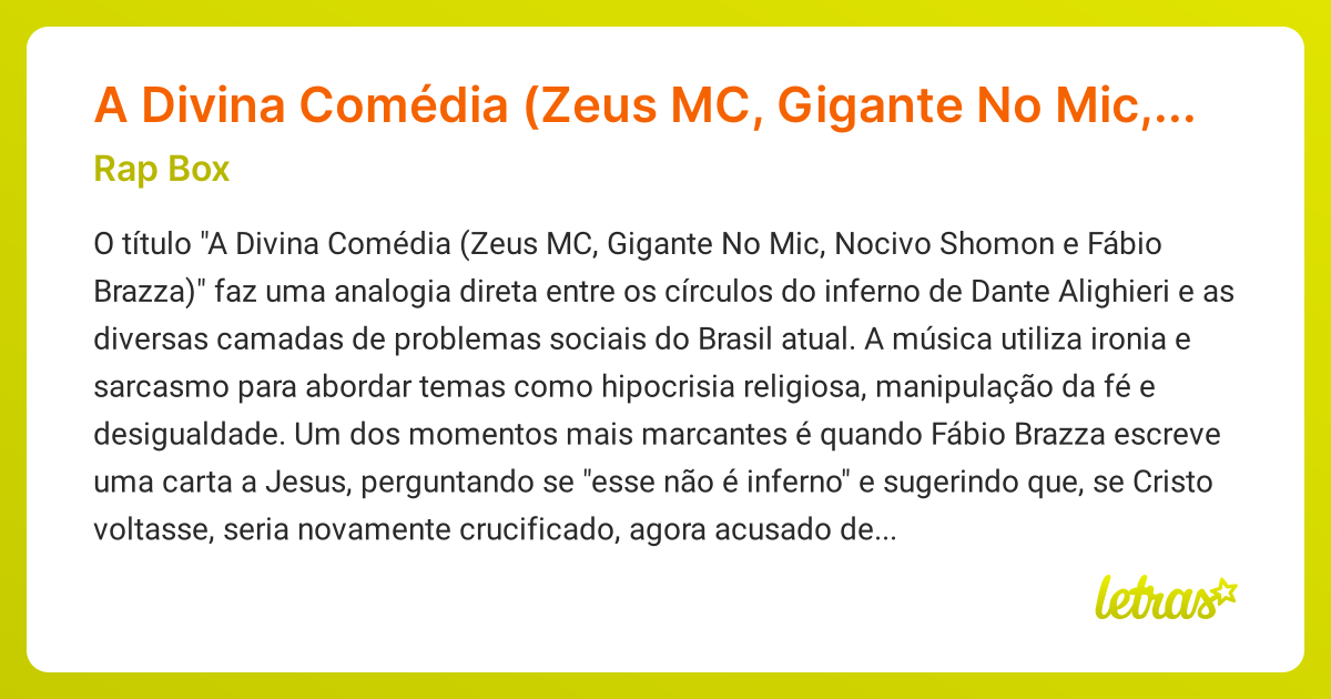 Significado da música A Divina Comédia (Zeus MC, Gigante No Mic, Nocivo ...