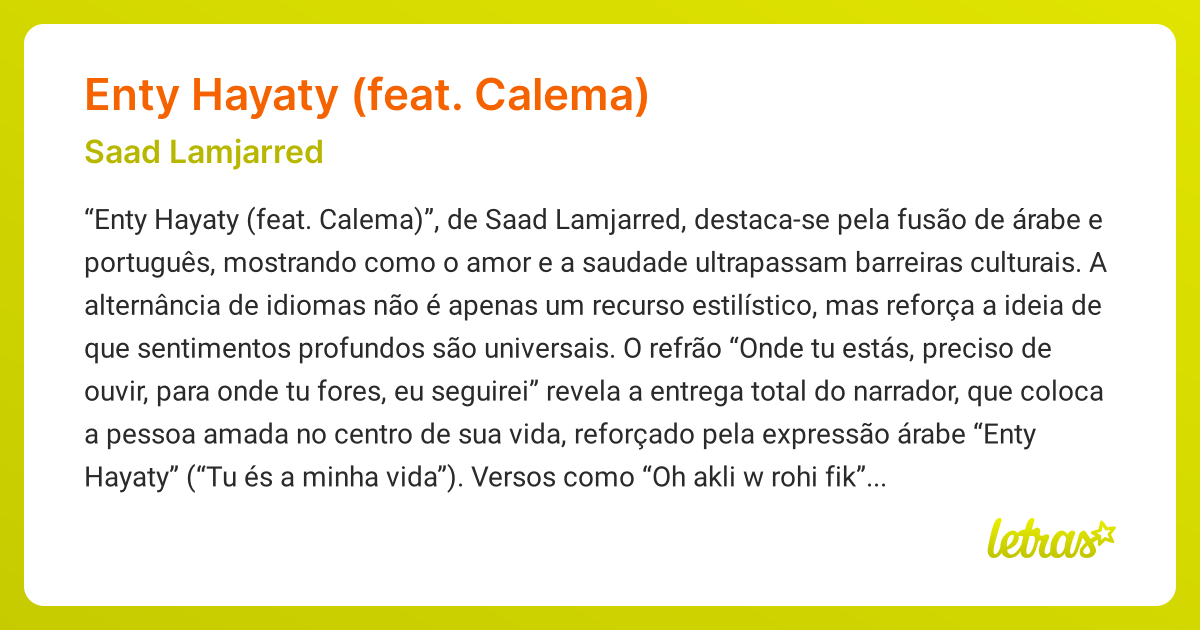 Significado da música ENTY HAYATY (FEAT. CALEMA) (Saad Lamjarred ...