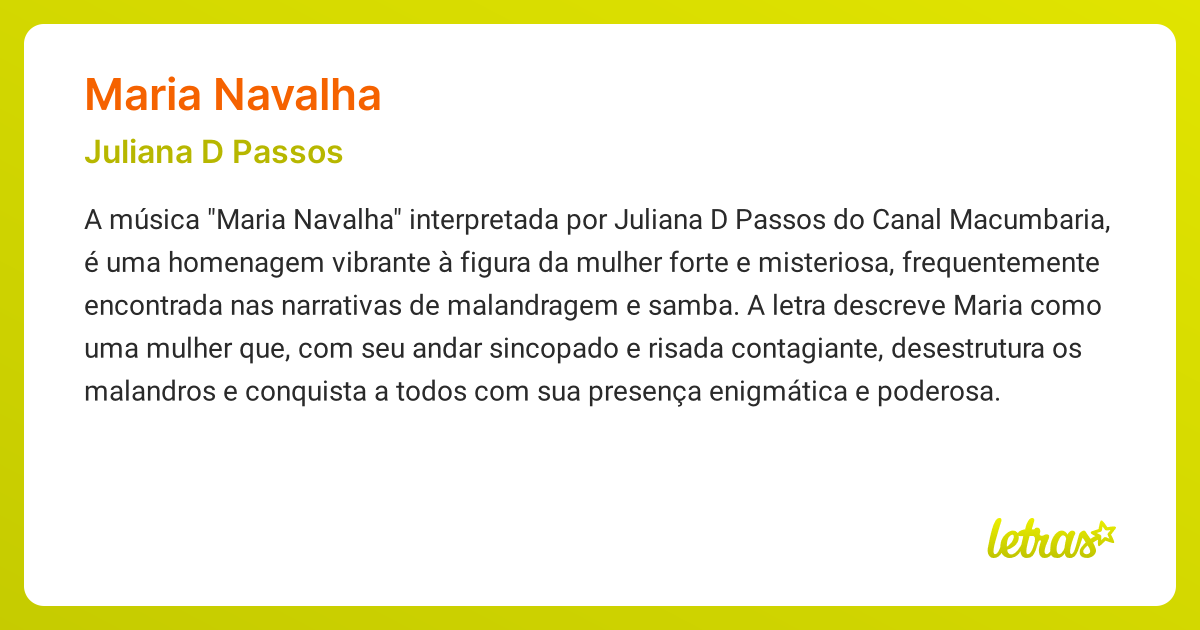 Significado da música MARIA NAVALHA (Juliana D Passos ) - LETRAS.MUS.BR