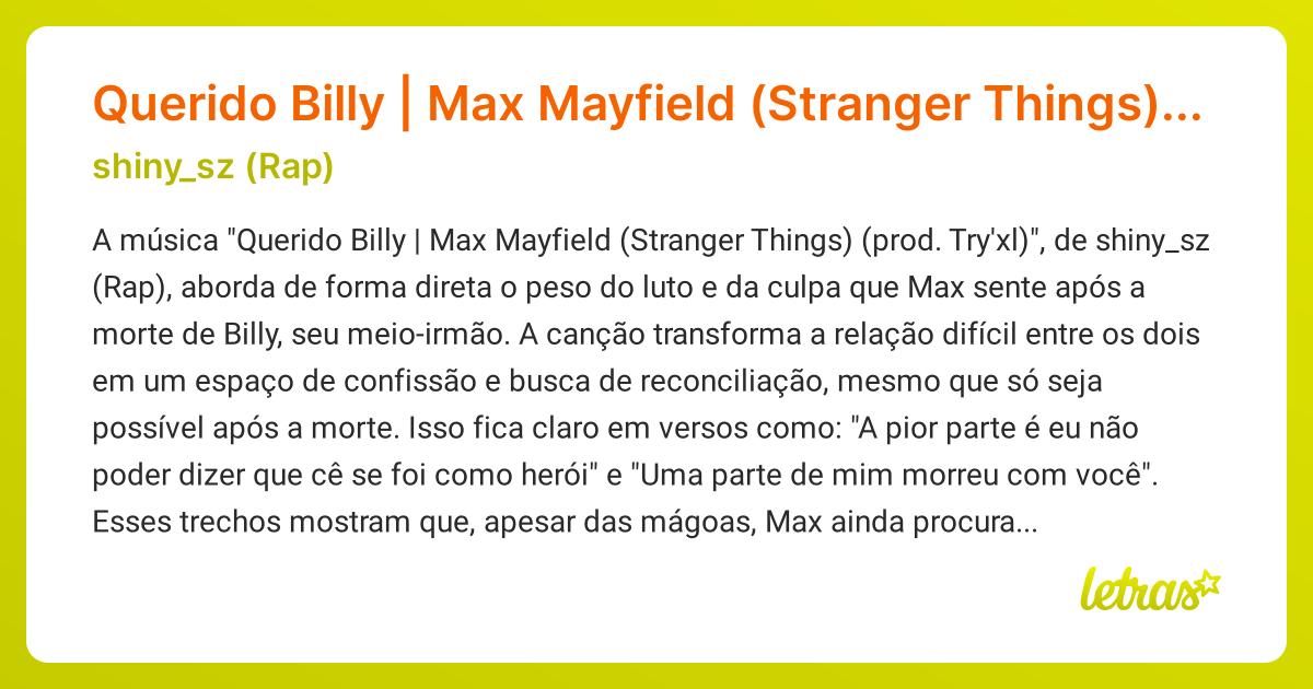 Significado da música Querido Billy | Max Mayfield (Stranger Things) (prod. Try'xl) (shiny_sz ...