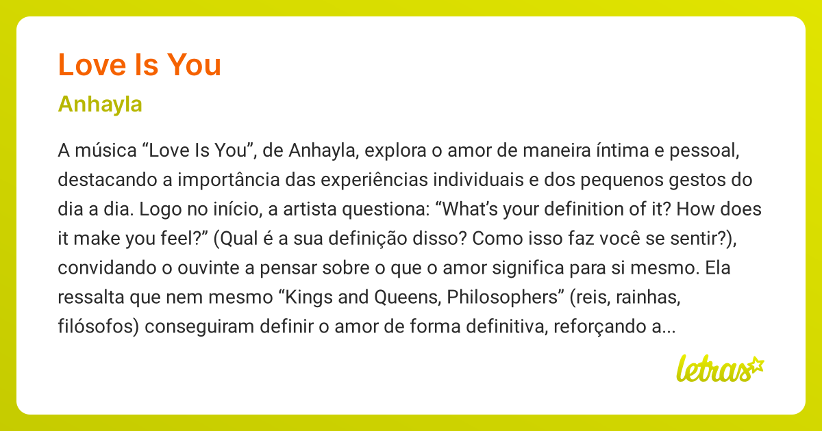 Significado da música LOVE IS YOU (Anhayla) - LETRAS.MUS.BR