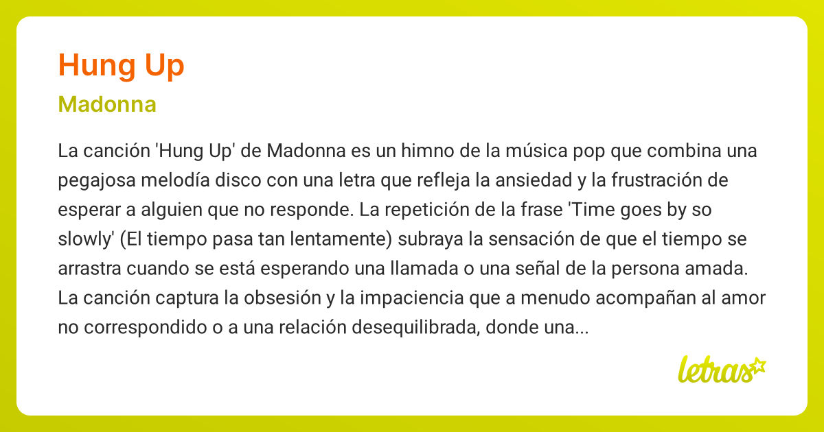 Significado de la canción HUNG UP (Madonna) - LETRAS.COM