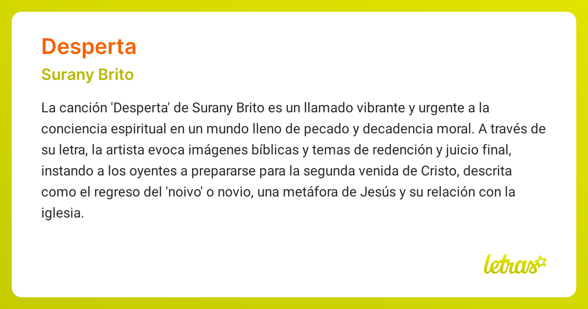 Significado de la canción DESPERTA (Surany Brito) - LETRAS.COM