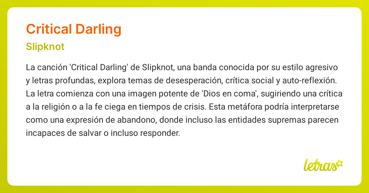 Significado de la canción CRITICAL DARLING (Slipknot) - LETRAS.COM