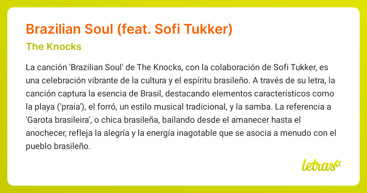 Significado de la canción Brazilian Soul (feat. Sofi Tukker) (The ...