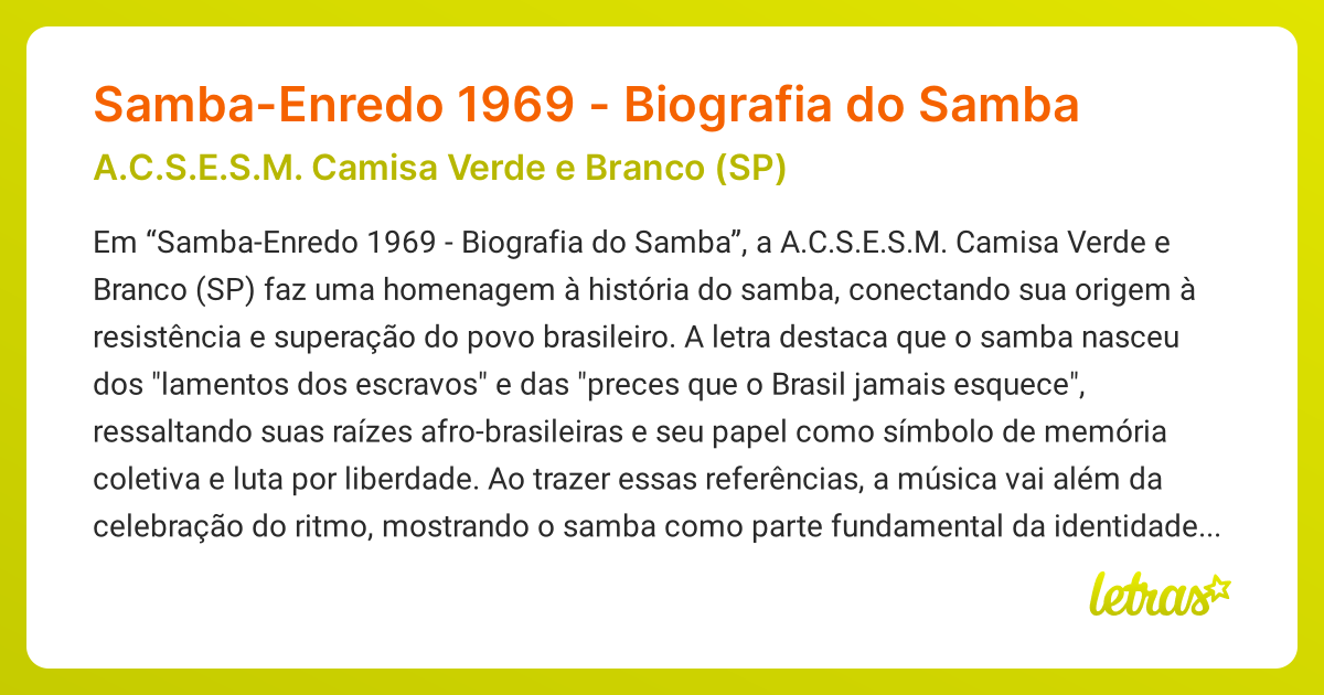 Significado da música Samba-Enredo 1969 - Biografia do Samba (A.C.S.E.S ...