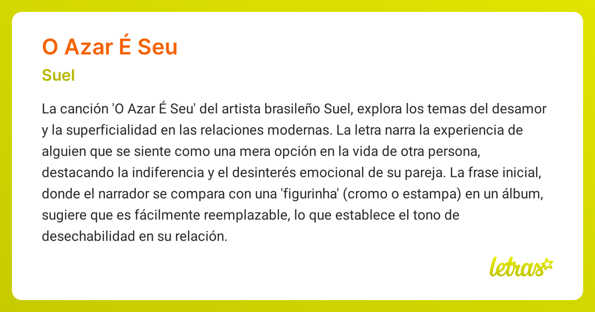 Significado de la canción O AZAR É SEU (Suel) - LETRAS.COM