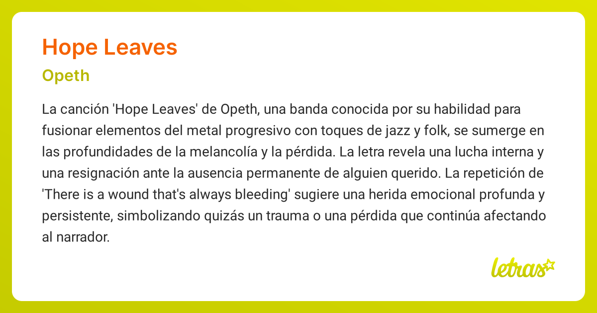 Significado de la canción HOPE LEAVES (Opeth) - LETRAS.COM