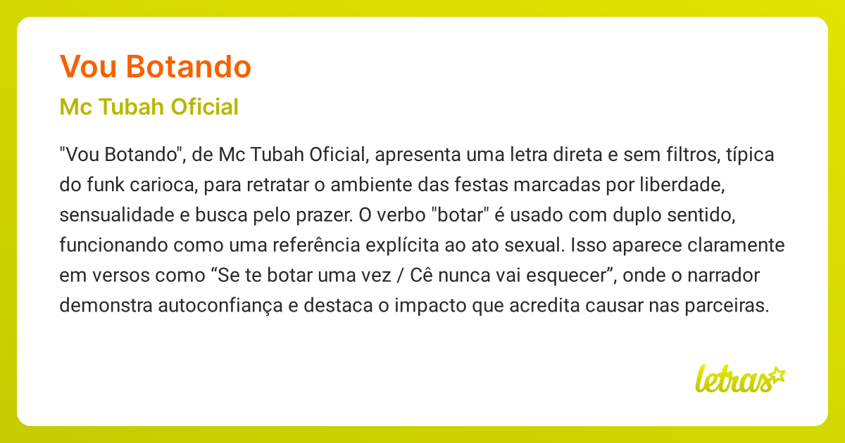 Significado da música VOU BOTANDO (Mc Tubah Oficial) - LETRAS.MUS.BR
