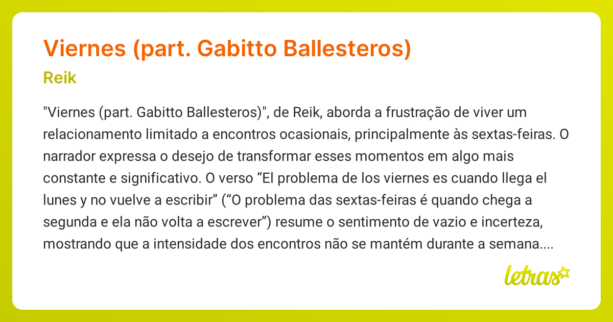 Significado da música Viernes (part. Gabitto Ballesteros) (Reik ...