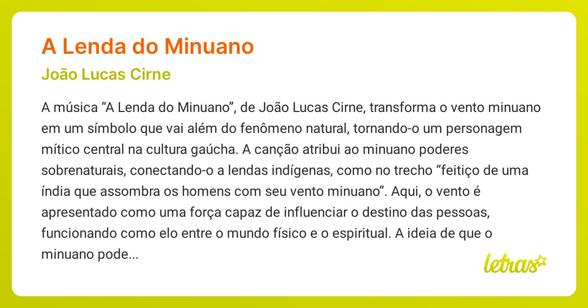 Significado da música A LENDA DO MINUANO (João Lucas Cirne) - LETRAS.MUS.BR