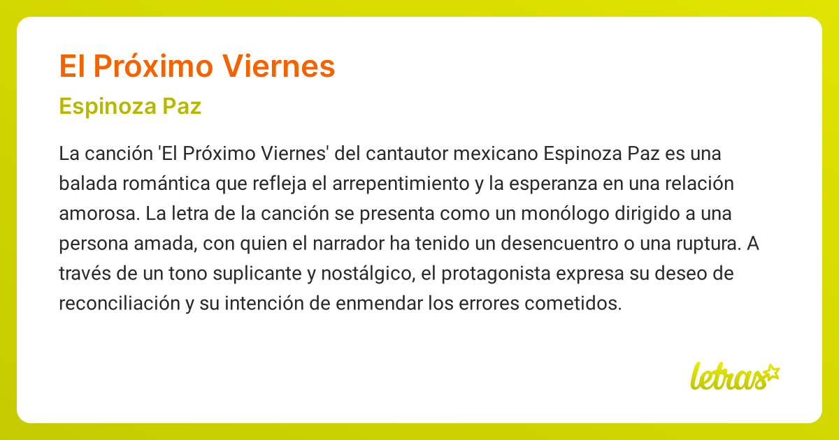 Significado de la canción EL PRÓXIMO VIERNES (Espinoza Paz) - LETRAS.COM