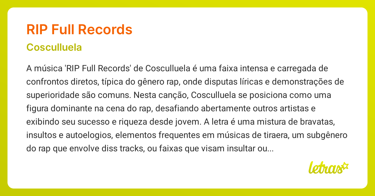 Significado da música RIP FULL RECORDS (Cosculluela) - LETRAS.MUS.BR