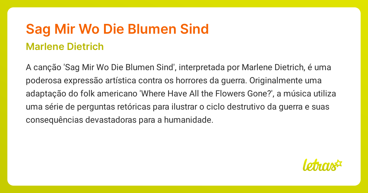 Significado da música SAG MIR WO DIE BLUMEN SIND (Marlene Dietrich ...