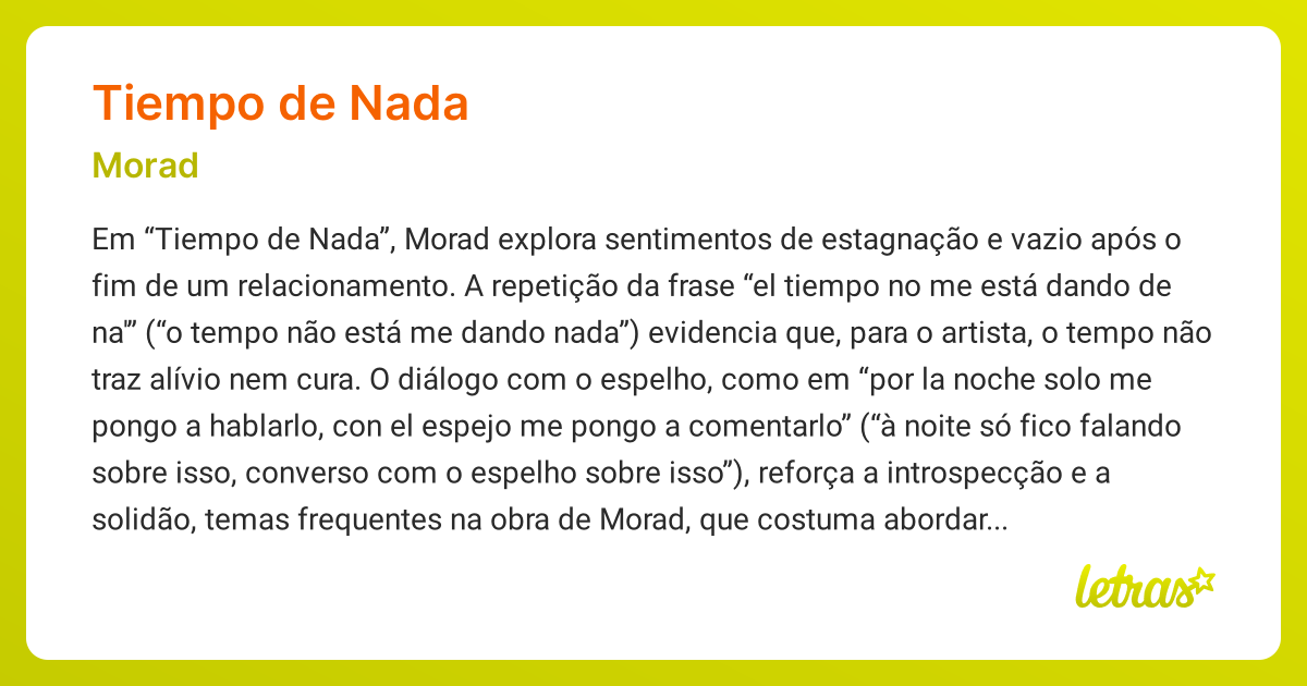 Significado da música TIEMPO DE NADA (Morad) - LETRAS.MUS.BR