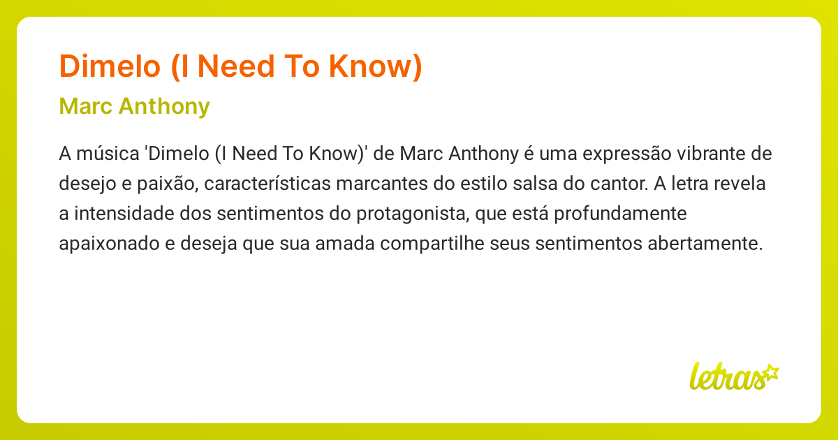Significado da música DIMELO (I NEED TO KNOW) (Marc Anthony) - LETRAS ...