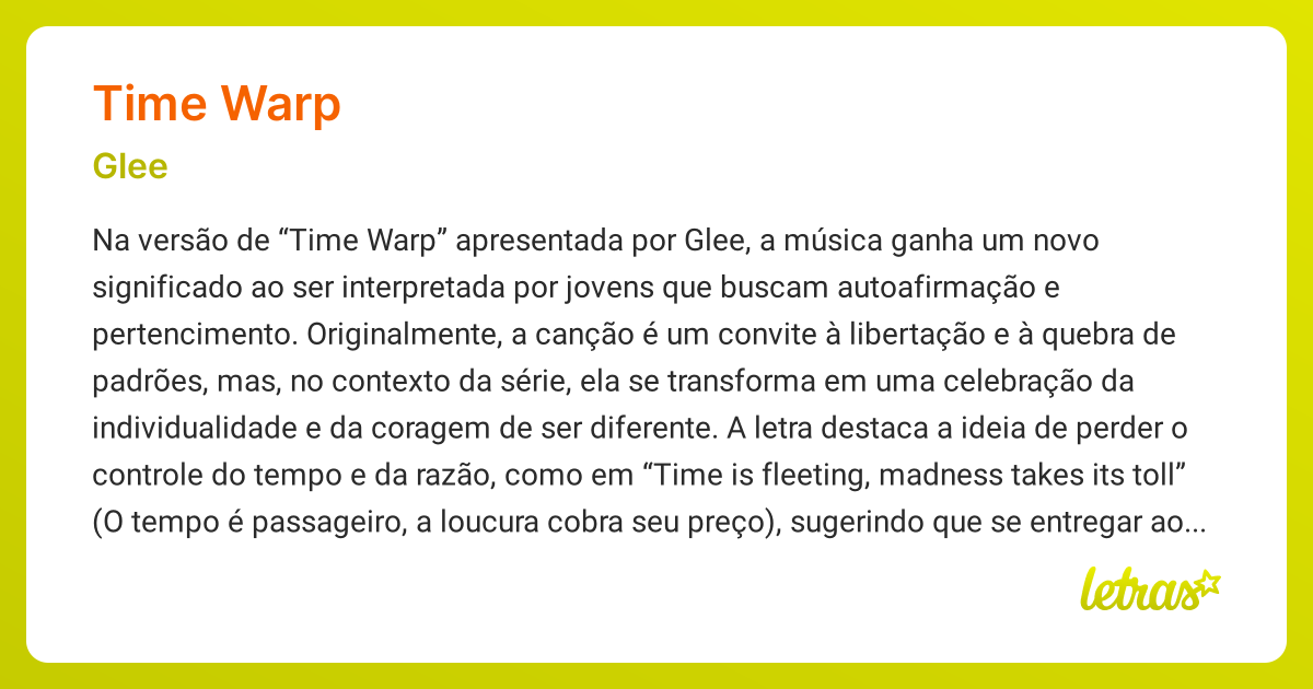 Significado da música TIME WARP (Glee) - LETRAS.MUS.BR