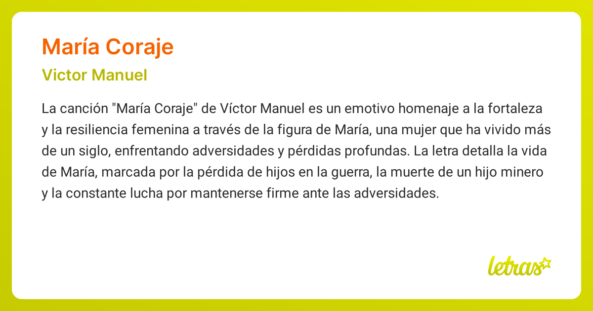 Significado de la canción MARÍA CORAJE (Victor Manuel) - LETRAS.COM
