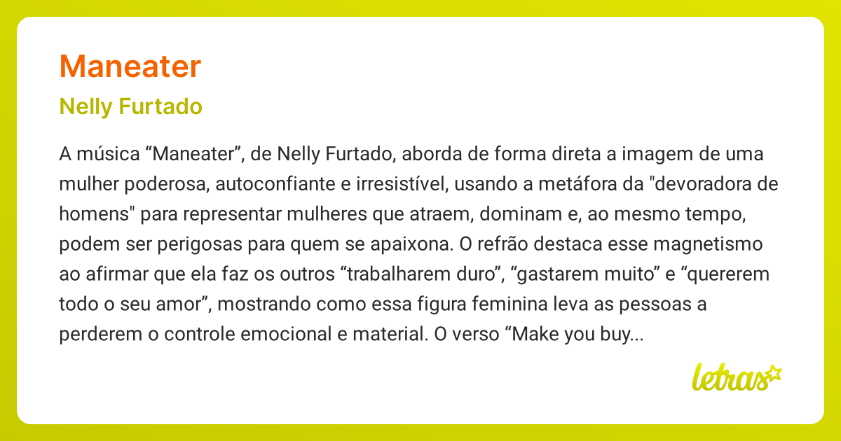 Significado da música MANEATER (Nelly Furtado) - LETRAS.MUS.BR