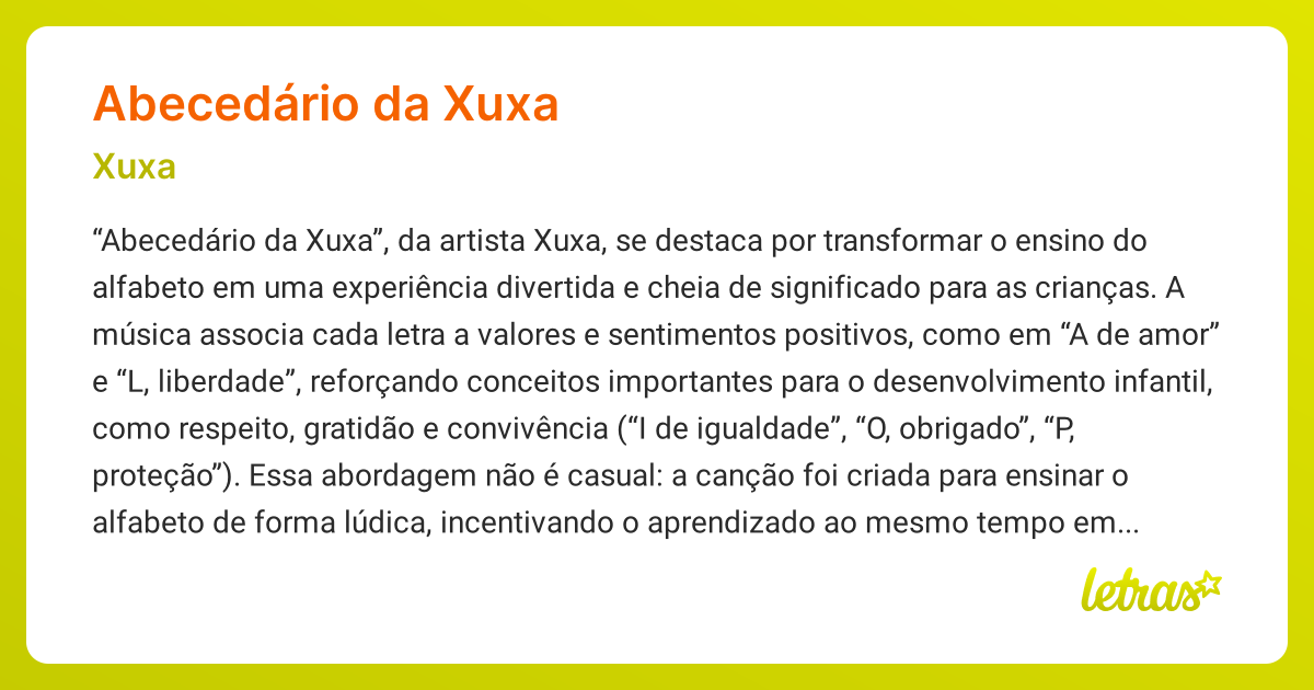 Significado da música ABECEDÁRIO DA XUXA (Xuxa) - LETRAS.MUS.BR