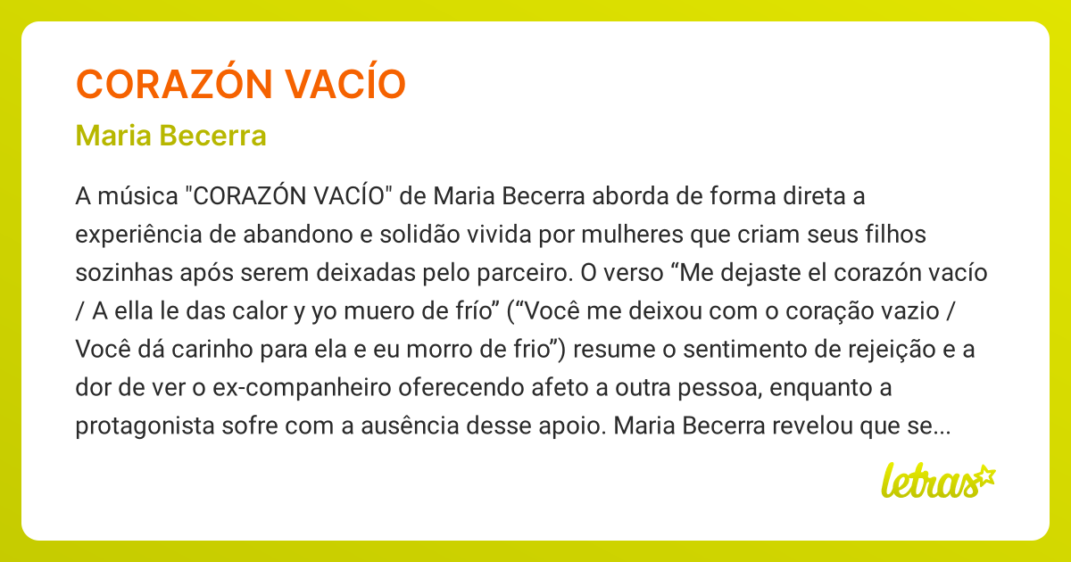 Significado da música CORAZÓN VACÍO (Maria Becerra) - LETRAS.MUS.BR