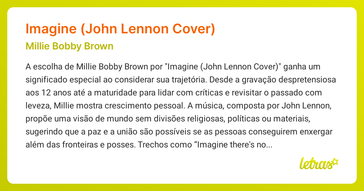 Significado da música IMAGINE (JOHN LENNON COVER) (Millie Bobby Brown ...