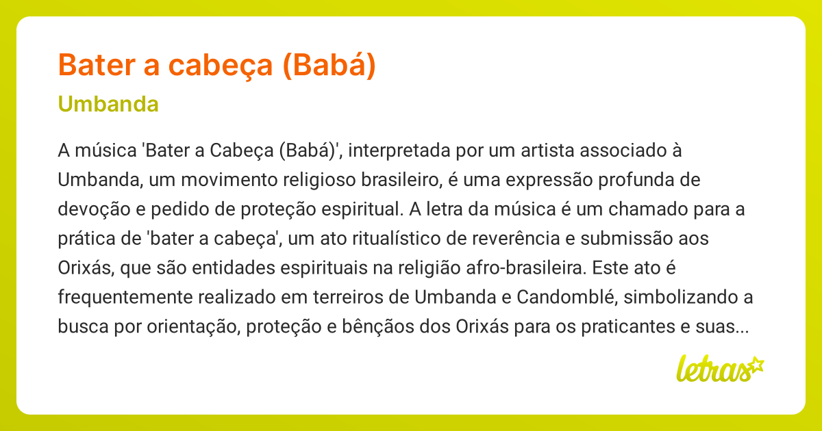 Significado da música BATER A CABEÇA (BABÁ) (Umbanda) - LETRAS.MUS.BR