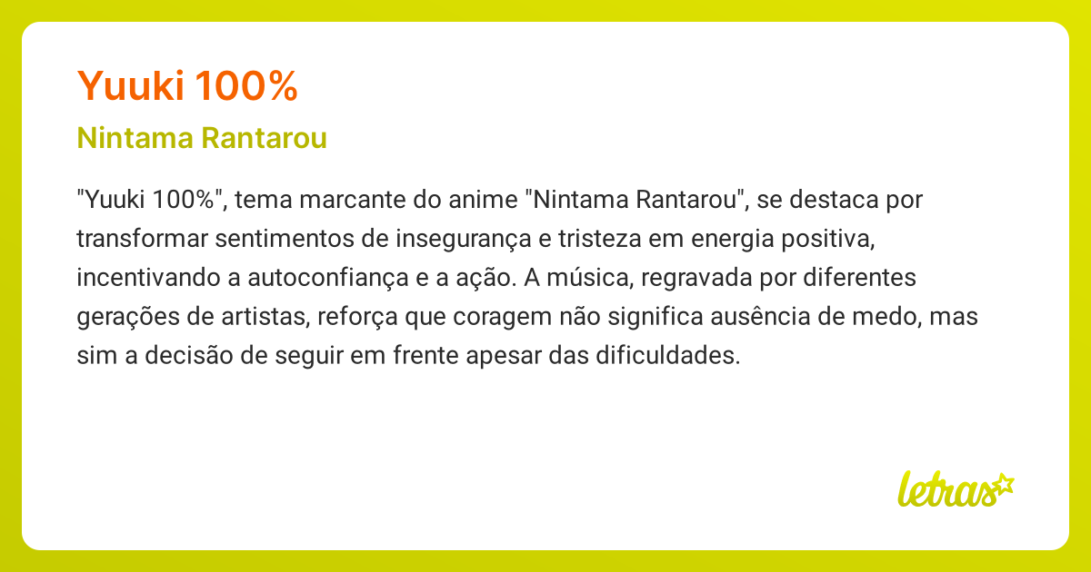 Significado da música YUUKI 100% (Nintama Rantarou) - LETRAS.MUS.BR