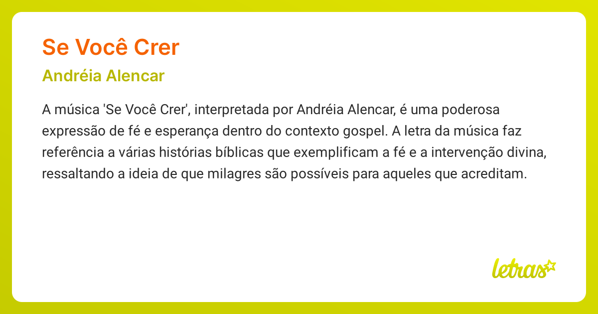 Significado da música SE VOCÊ CRER (Andréia Alencar ) - LETRAS.MUS.BR