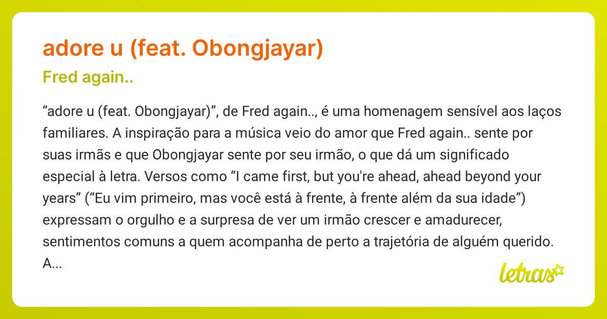 Significado da música ADORE U (FEAT. OBONGJAYAR) (Fred again ...