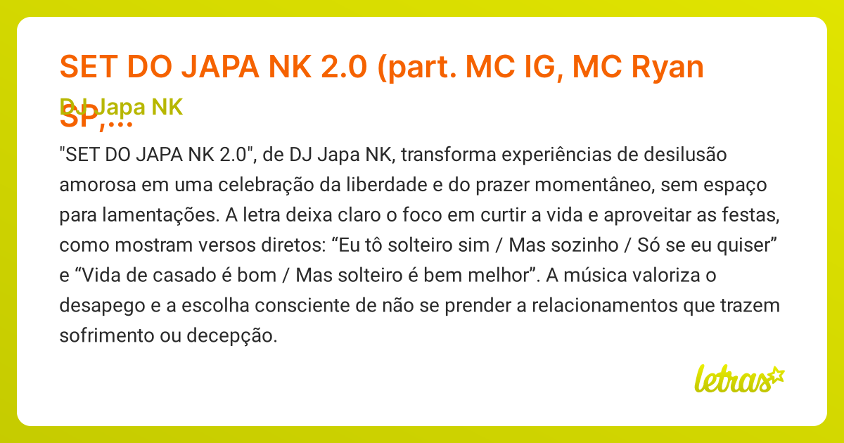 Significado da música SET DO JAPA NK 2.0 (part. MC IG, MC Ryan SP, MC ...
