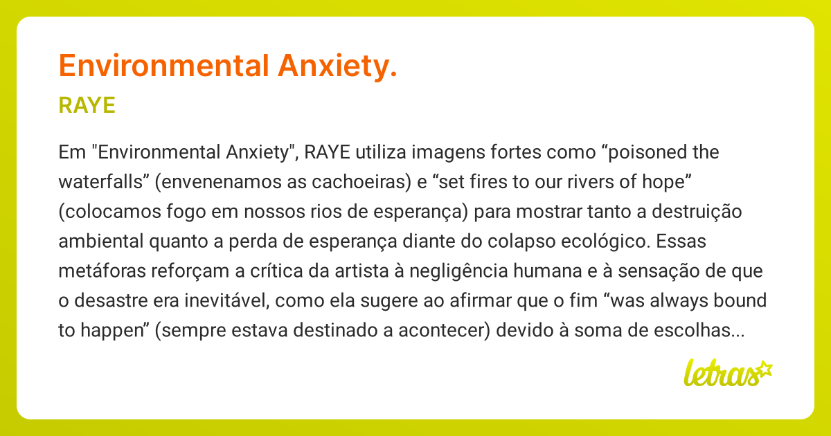 Significado da música ENVIRONMENTAL ANXIETY (RAYE) - LETRAS.MUS.BR