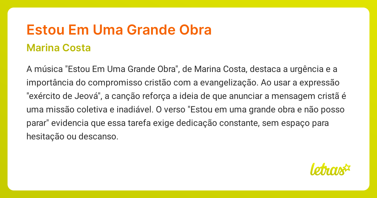 Significado da música ESTOU EM UMA GRANDE OBRA (Marina Costa) - LETRAS ...