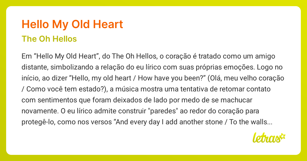 Significado da música HELLO MY OLD HEART (The Oh Hellos) - LETRAS.MUS.BR