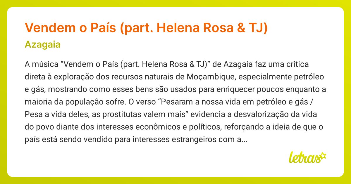 Significado da música Vendem o País (part. Helena Rosa & TJ) (Azagaia ...