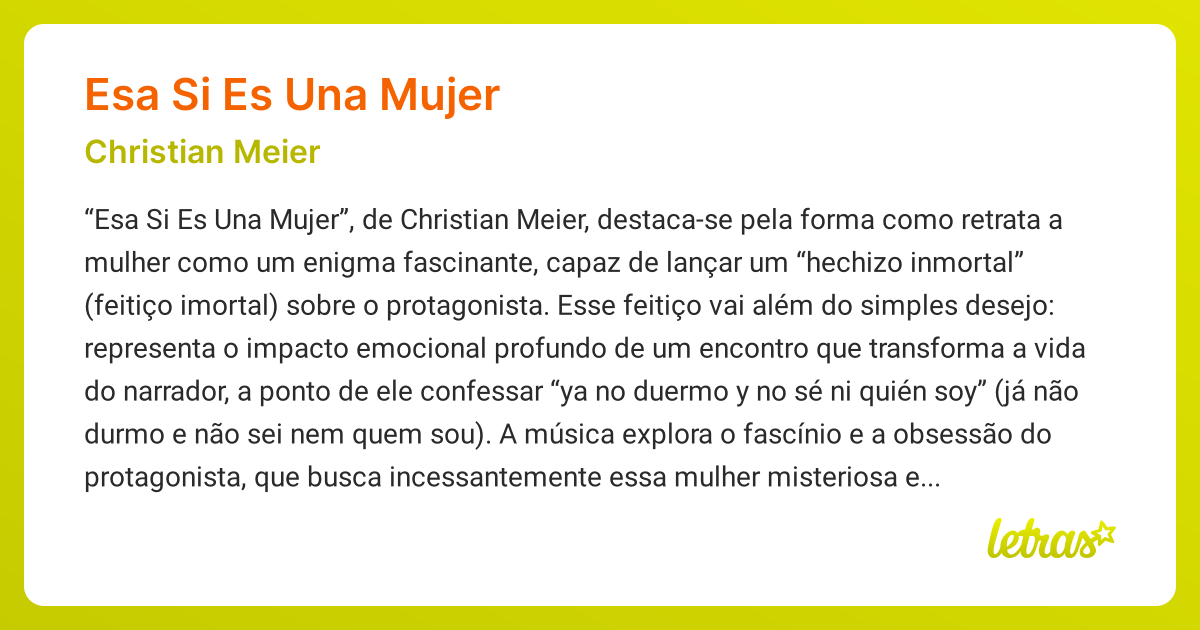 Significado da música ESA SI ES UNA MUJER (Christian Meier) - LETRAS.MUS.BR