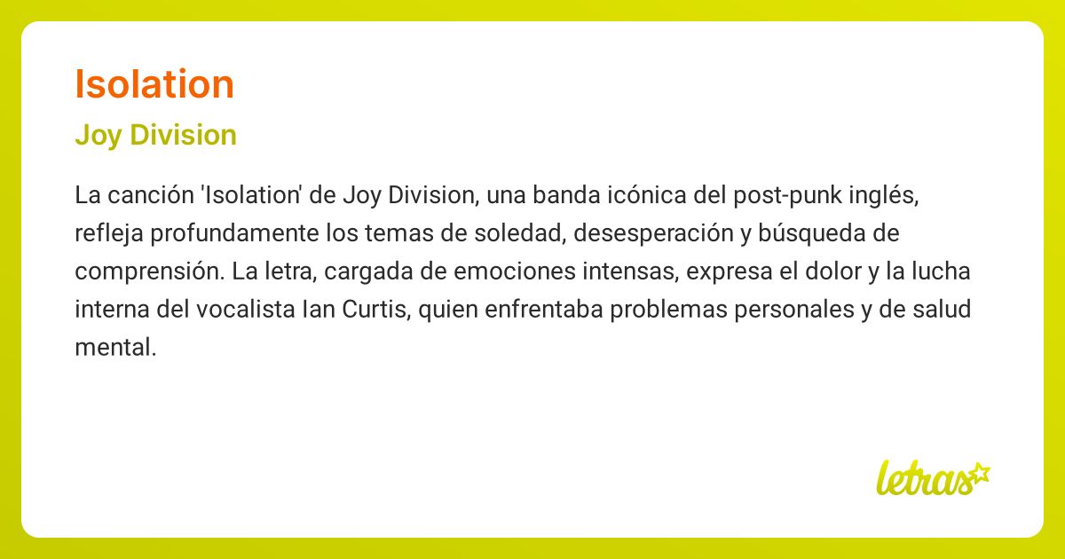 Significado de la canción ISOLATION (Joy Division) - LETRAS.COM