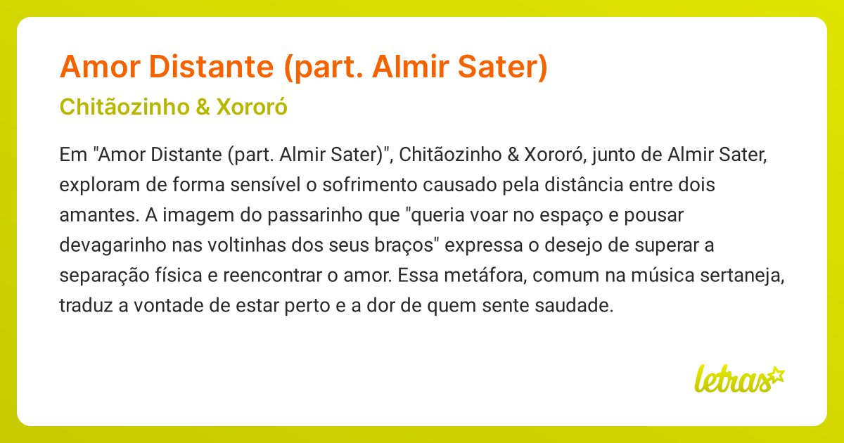 Significado da música Amor Distante (part. Almir Sater) (Chitãozinho ...