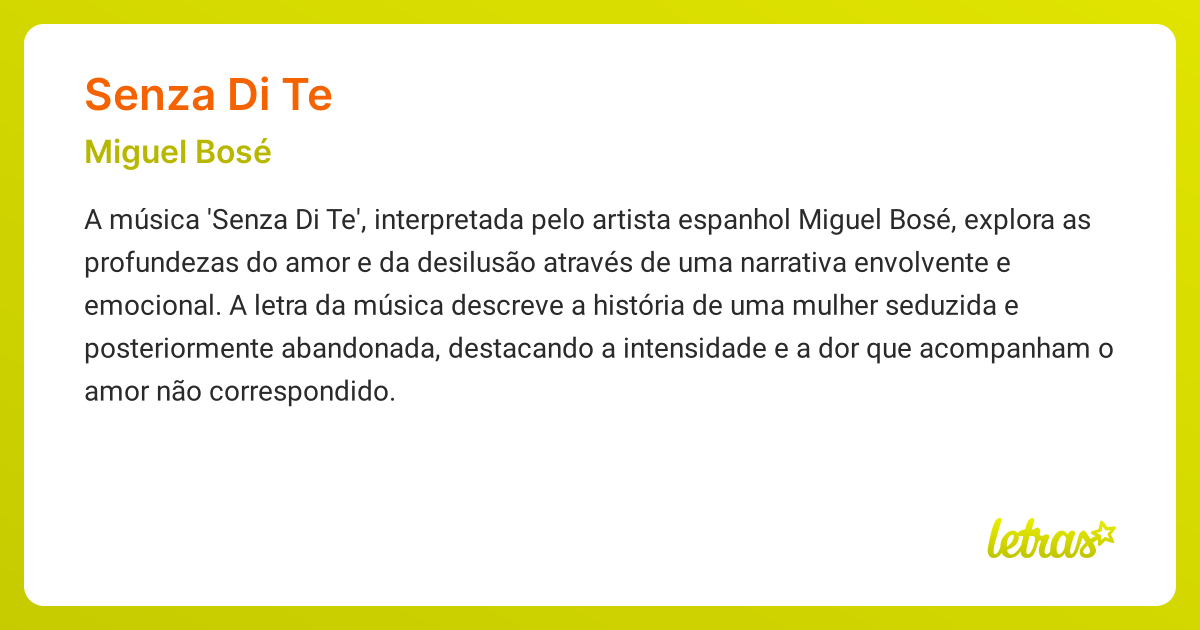 Significado da música SENZA DI TE (Miguel Bosé) - LETRAS.MUS.BR
