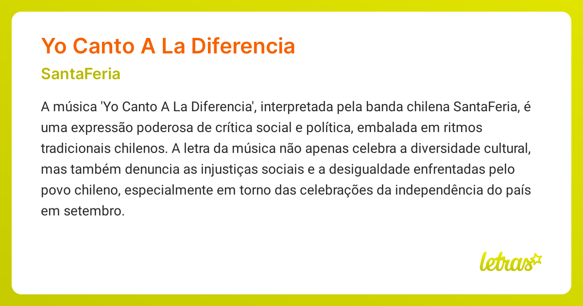 Significado da música YO CANTO A LA DIFERENCIA (SantaFeria) - LETRAS.MUS.BR