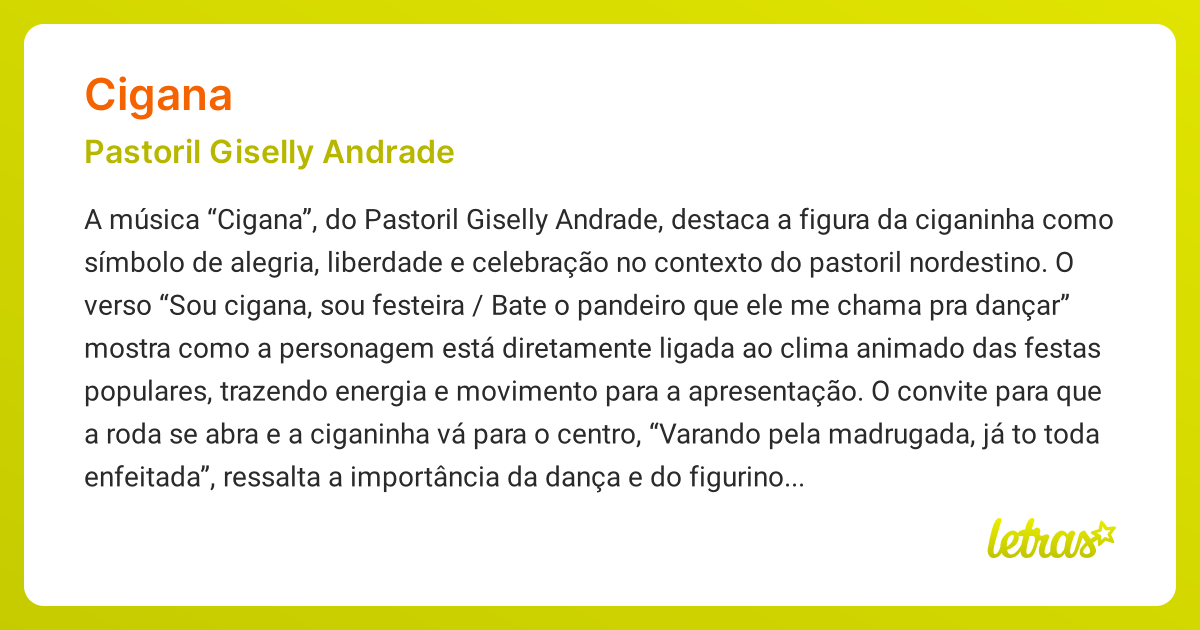 Significado da música CIGANA (Pastoril Giselly Andrade) - LETRAS.MUS.BR