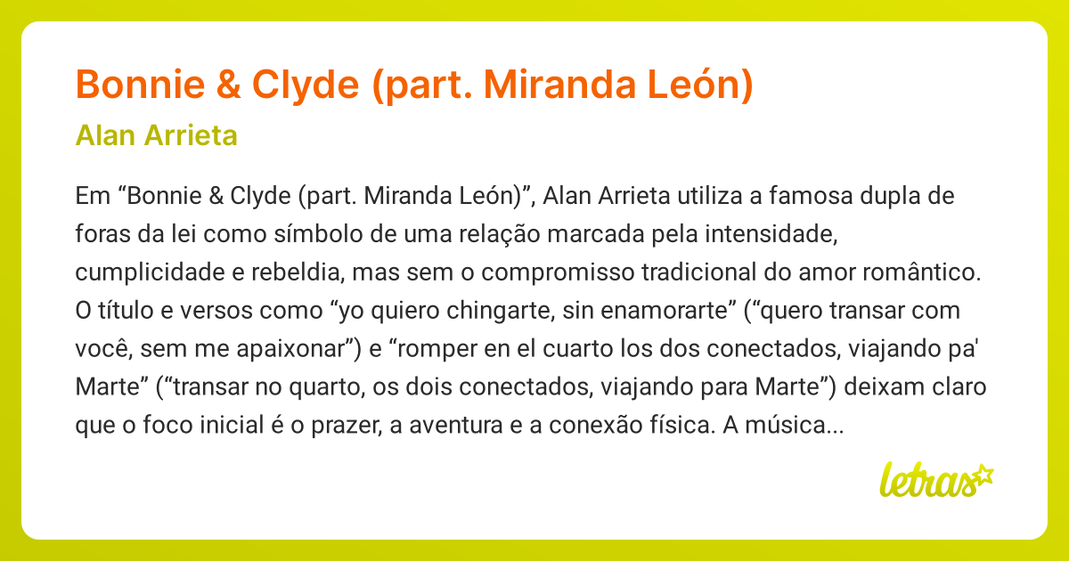 Significado da música Bonnie & Clyde (part. Miranda León) (Alan Arrieta ...