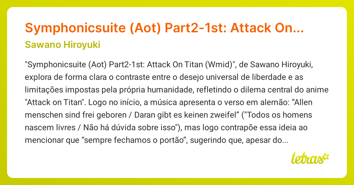 Significado da música Symphonicsuite (Aot) Part2-1st: Attack On Titan (Wmid) (Sawano Hiroyuki ...