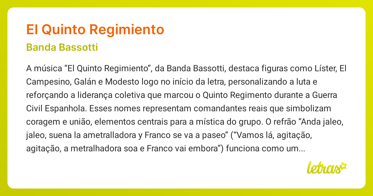 Significado da música EL QUINTO REGIMIENTO (Banda Bassotti) - LETRAS.MUS.BR